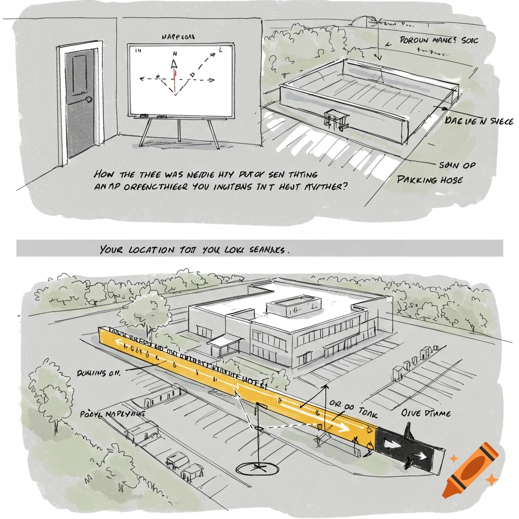 Building layout diagram with labels for door, whiteboard, needle ...