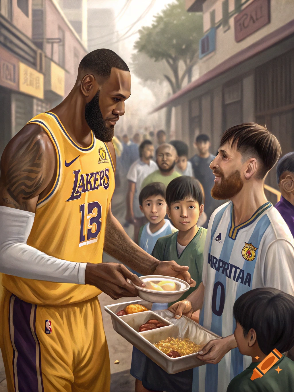 Lebron and Messi giving food to hungry Asians on Craiyon