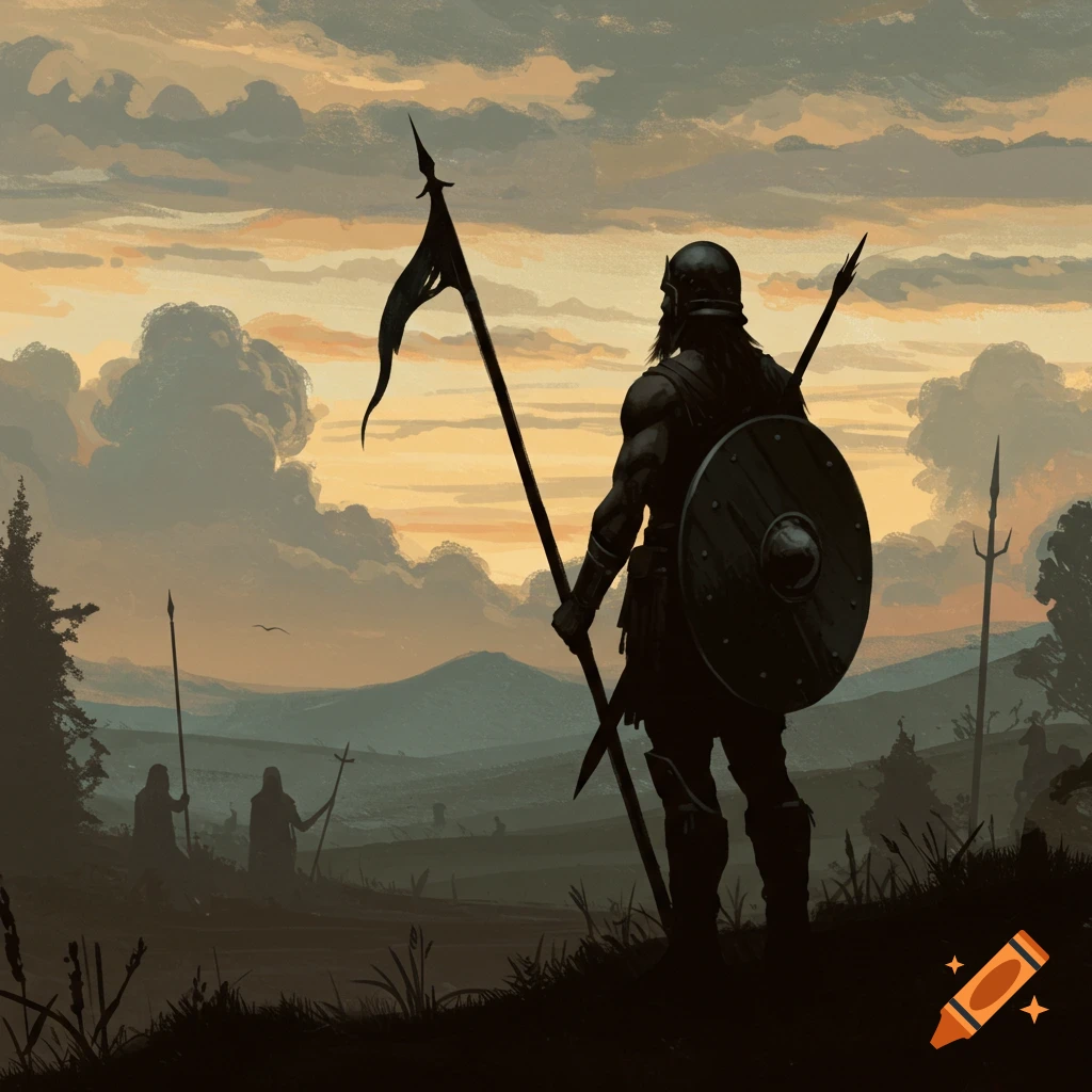 Warrior silhouette in painterly Frank Frazetta style landscape on Craiyon