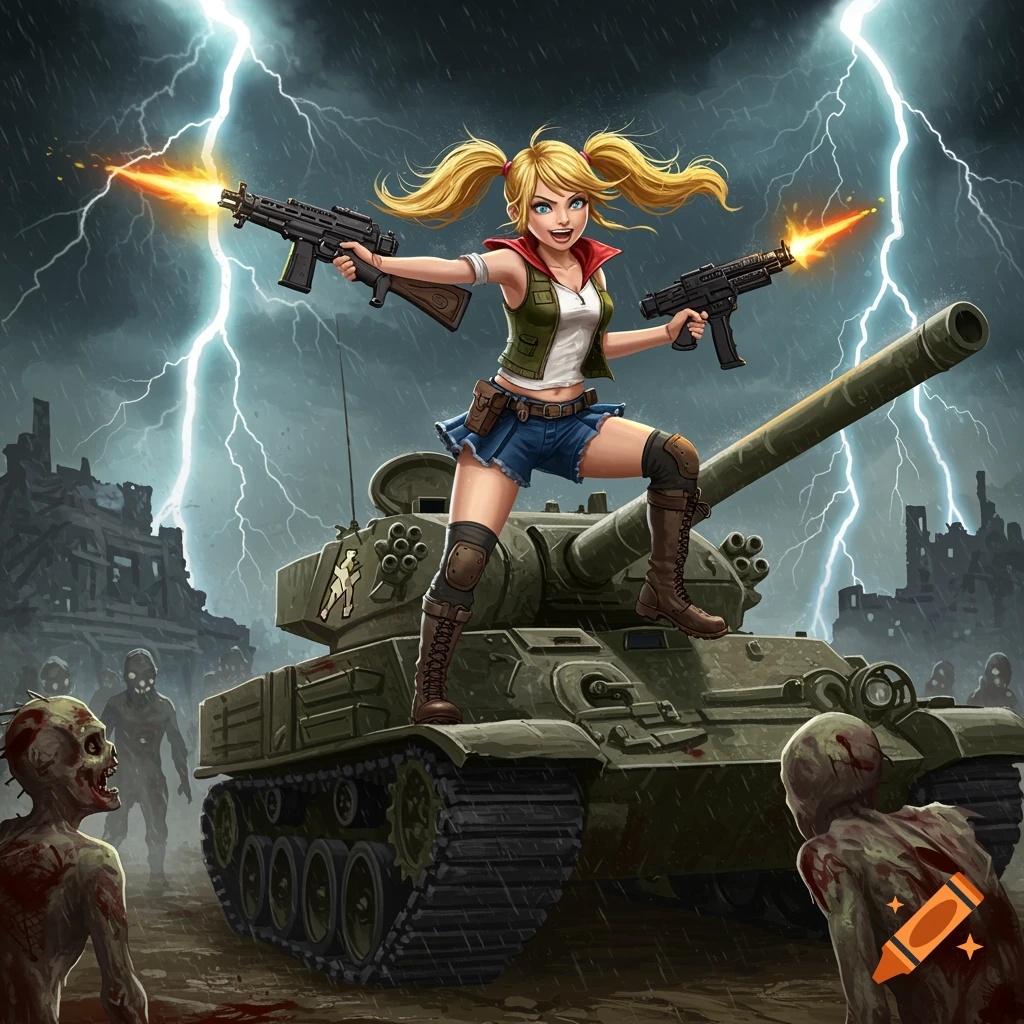 Blonde female zombie slayer on a military tank in Disney-hero style on ...