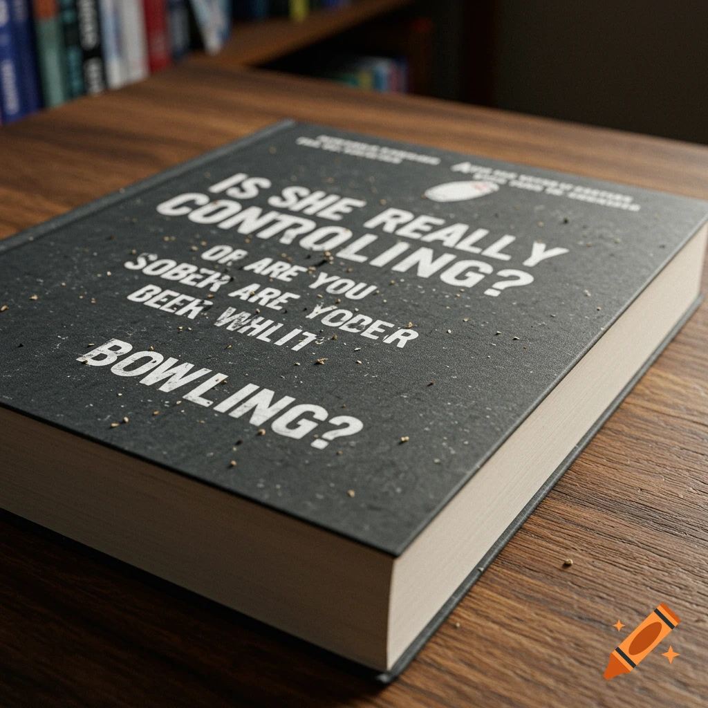 Photorealistic book with the title 'Is she really controlling? Or are you sober while bowling ...