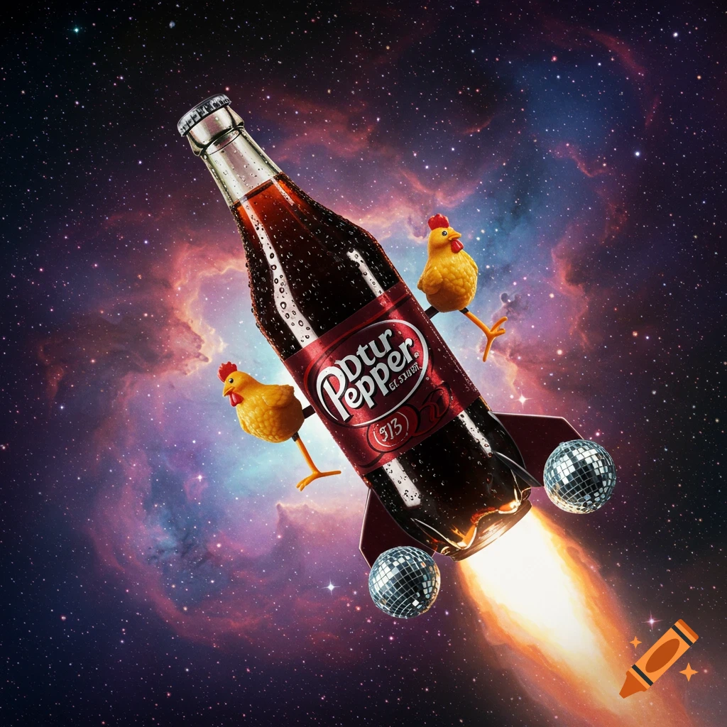 Illustration of a root beer bottle rocket ship flying through space. on ...