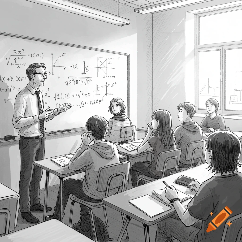 Black and white sketch of a professor with glasses teaching students in ...