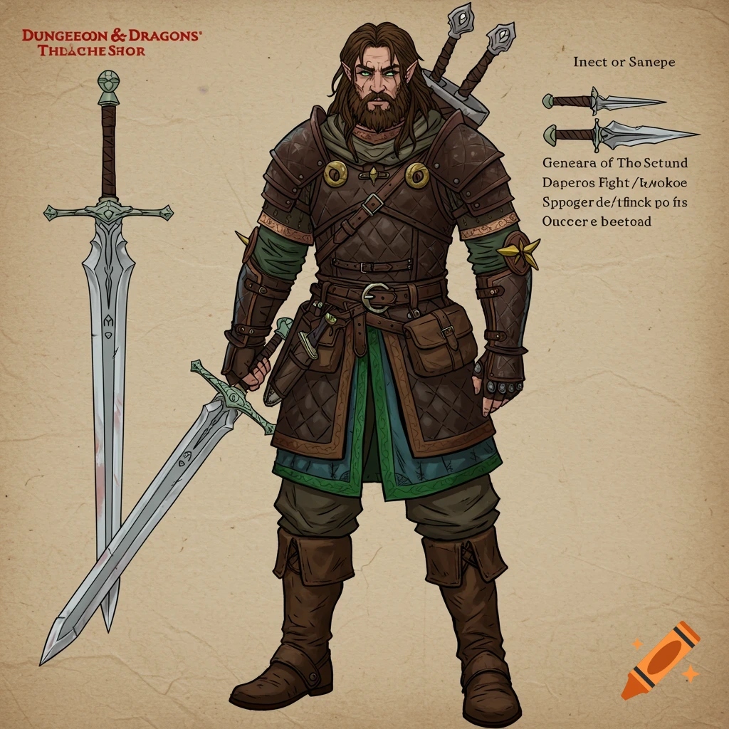 Human fighter/ranger with long brown hair, beard, and green eyes in ...