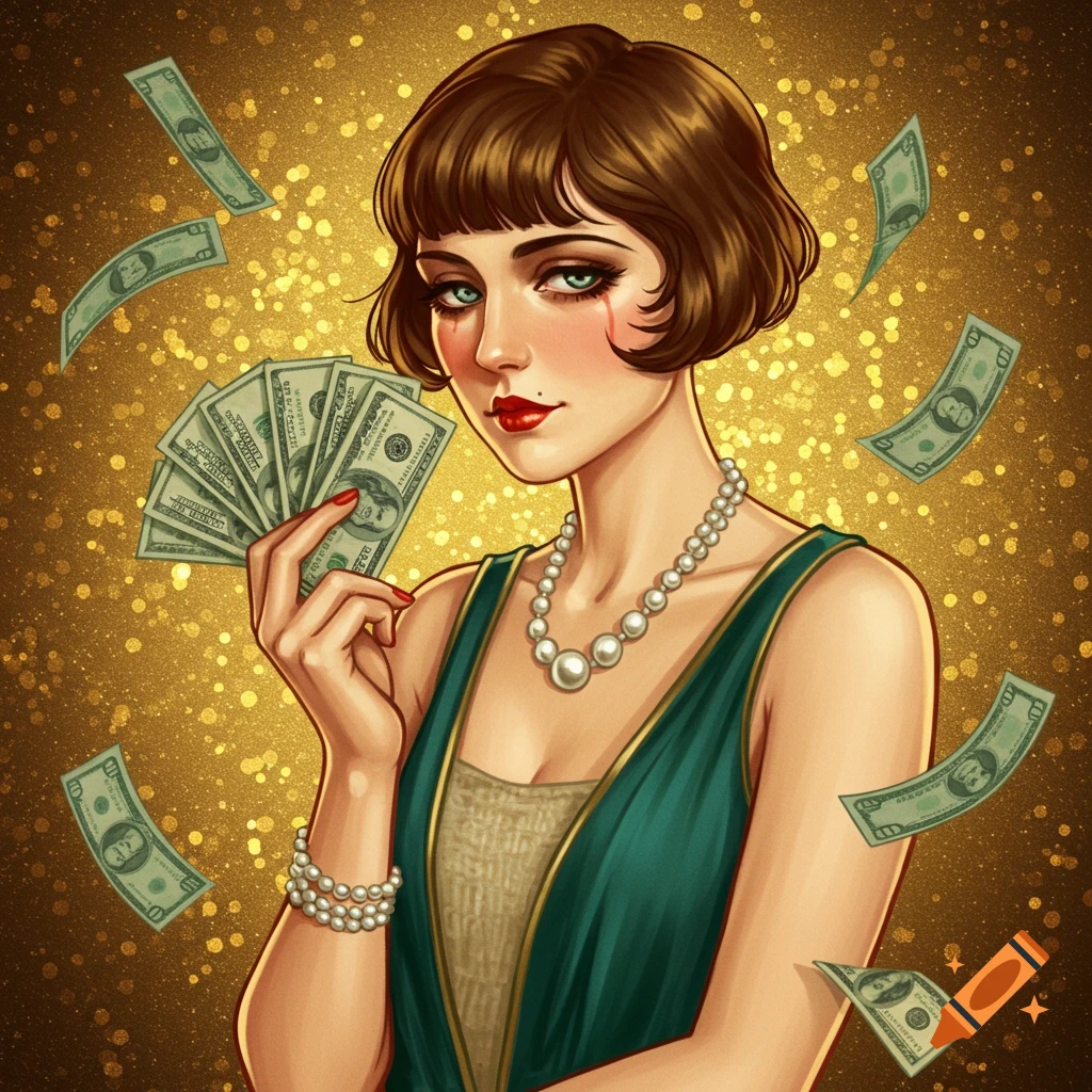Illustration of a 1920s woman holding a fan of money with bills ...