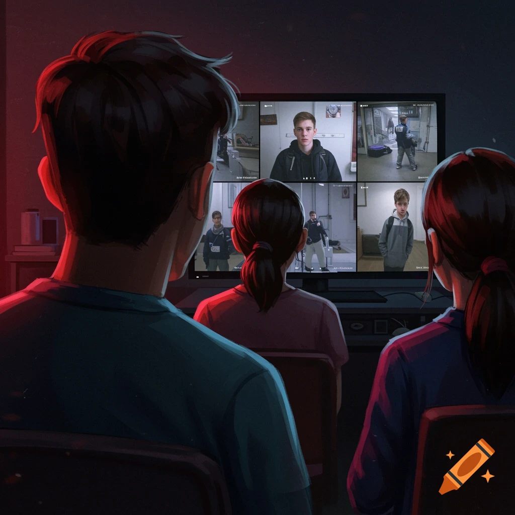 Two people watching a screen displaying multiple video feeds. on Craiyon