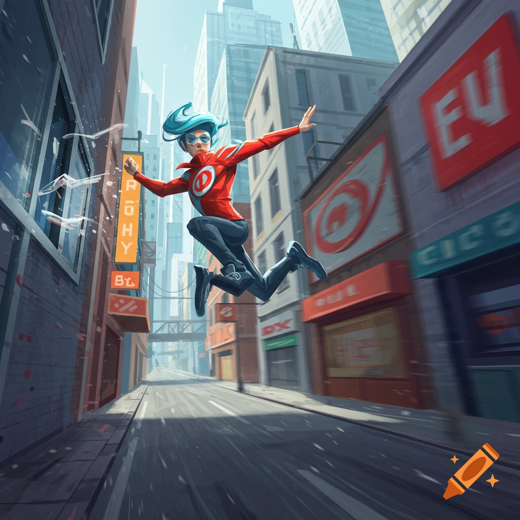 Young man doing parkour, jumping over a barrier in a sunny city street. Illustration style. on ...