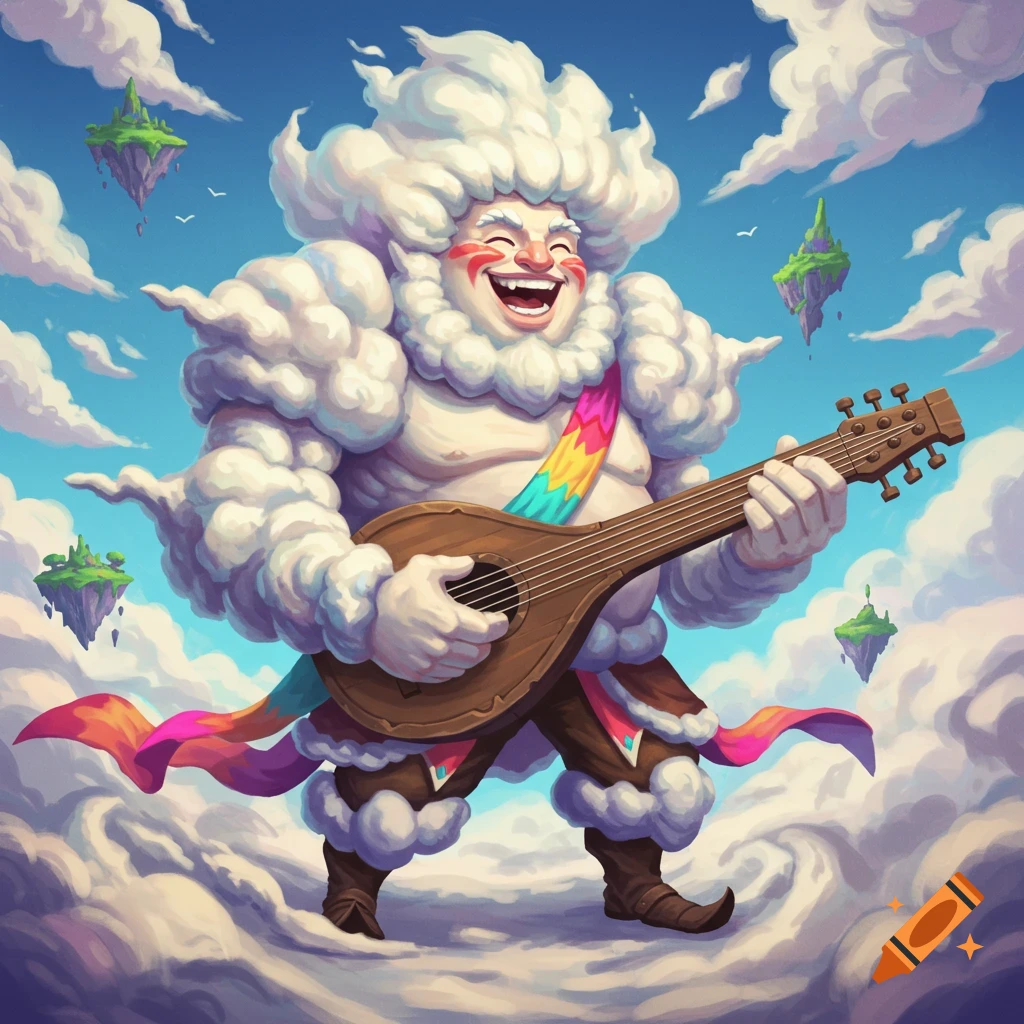 Cheerful cloud giant warrior bard stands on clouds, playing a lute in ...