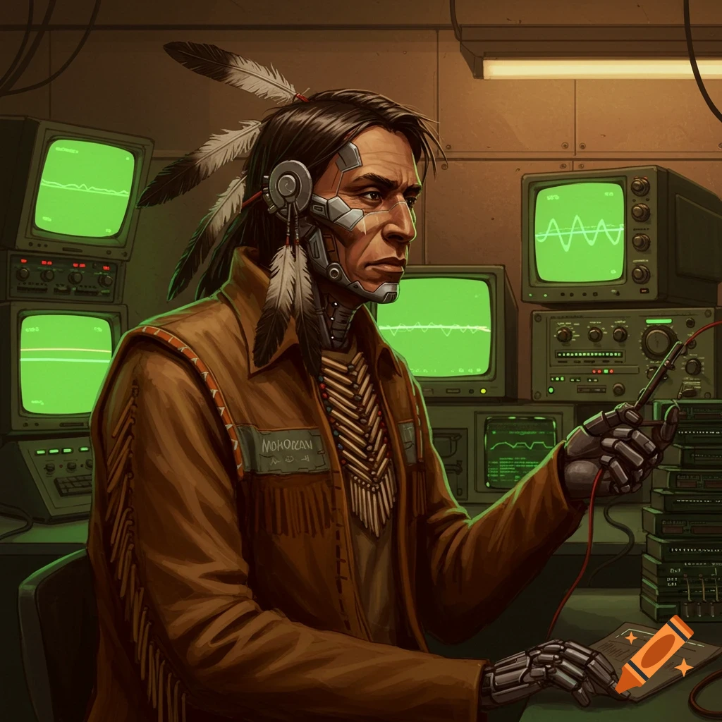 Native American cyberpunk in retro electronics lab on Craiyon