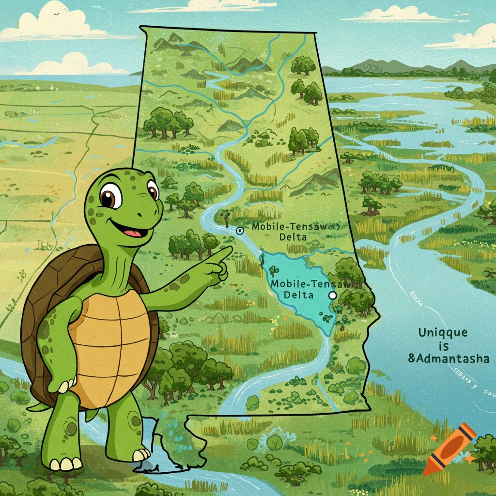 Cartoon turtle pointing at Alabama map near Mobile-Tensaw Delta on Craiyon