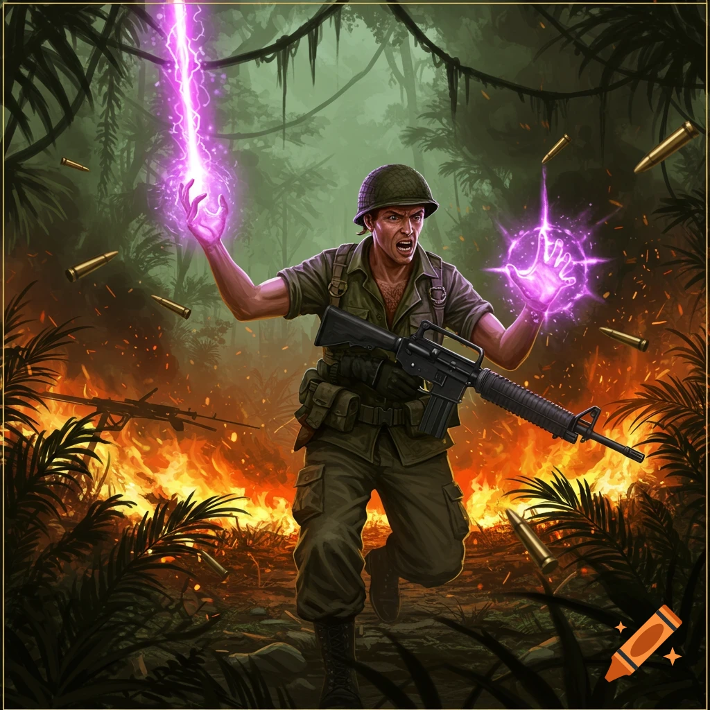 Vietnam War soldier casting magic in burning jungle on Craiyon