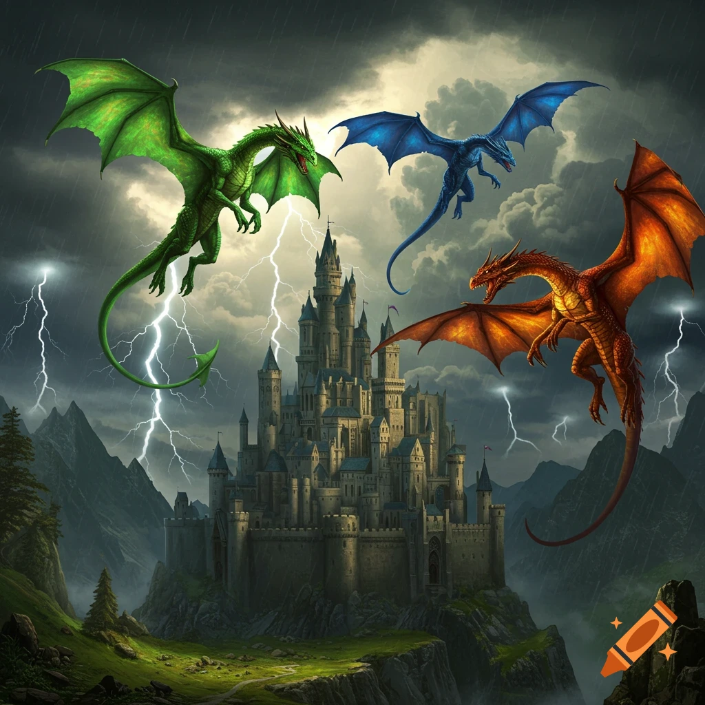 Dragons flying over a castle on Craiyon