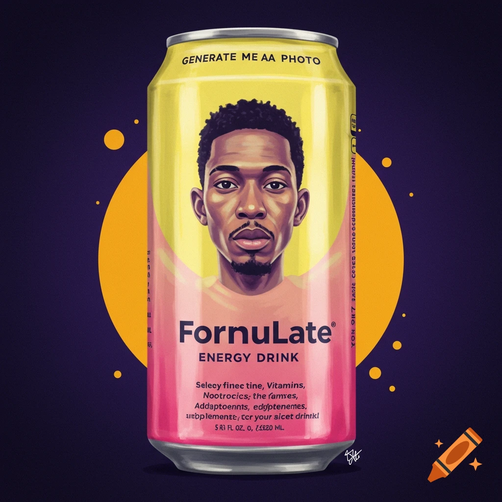 FormuLate energy drink in brightly colored can on Craiyon