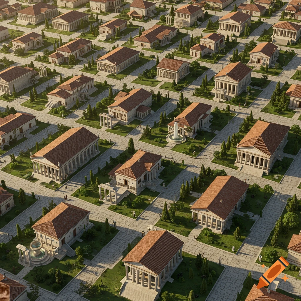 Aerial view of a Roman city with avenues and streets on Craiyon