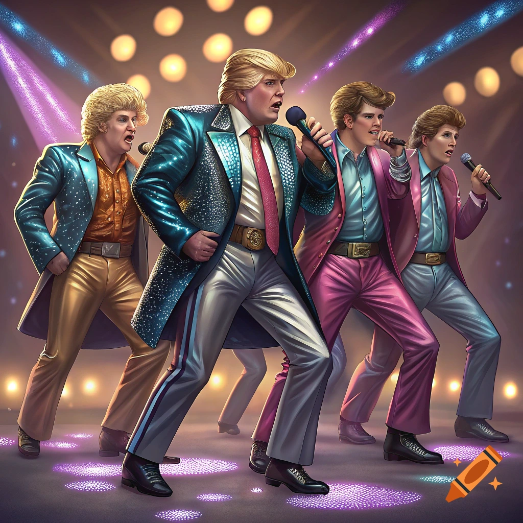 Four men in colourful disco suits singing on a stage with spotlights ...