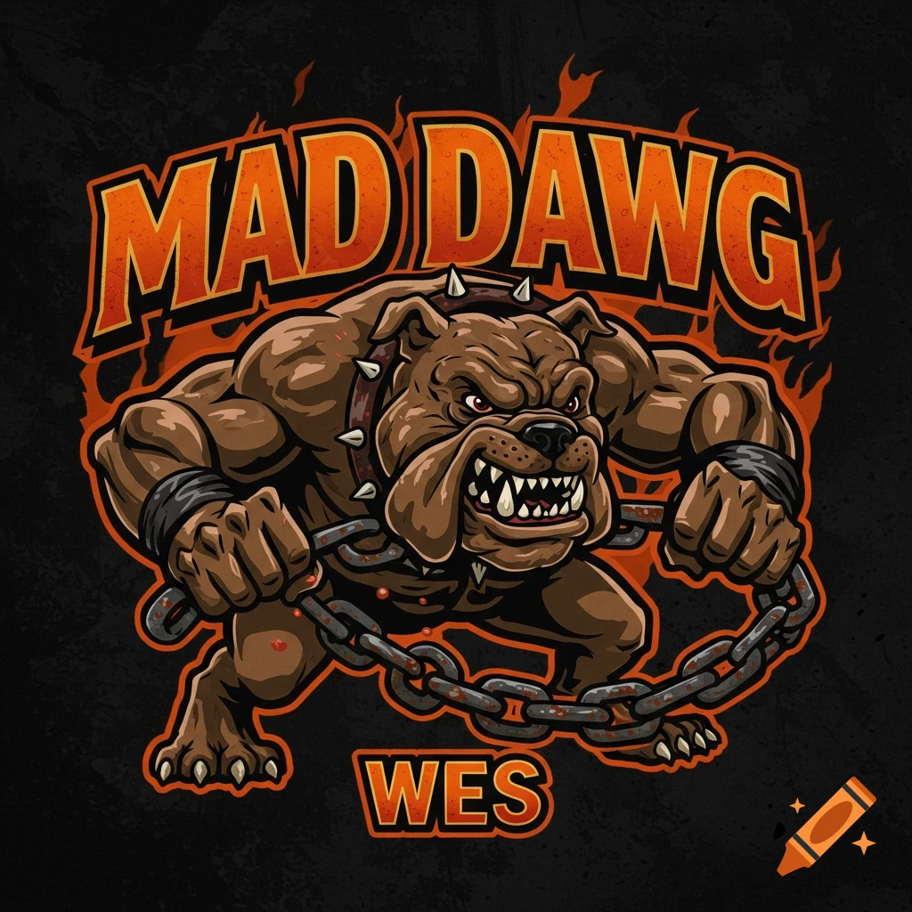 MAD DAWG WES wrestling logo with bulldog breaking chain on Craiyon