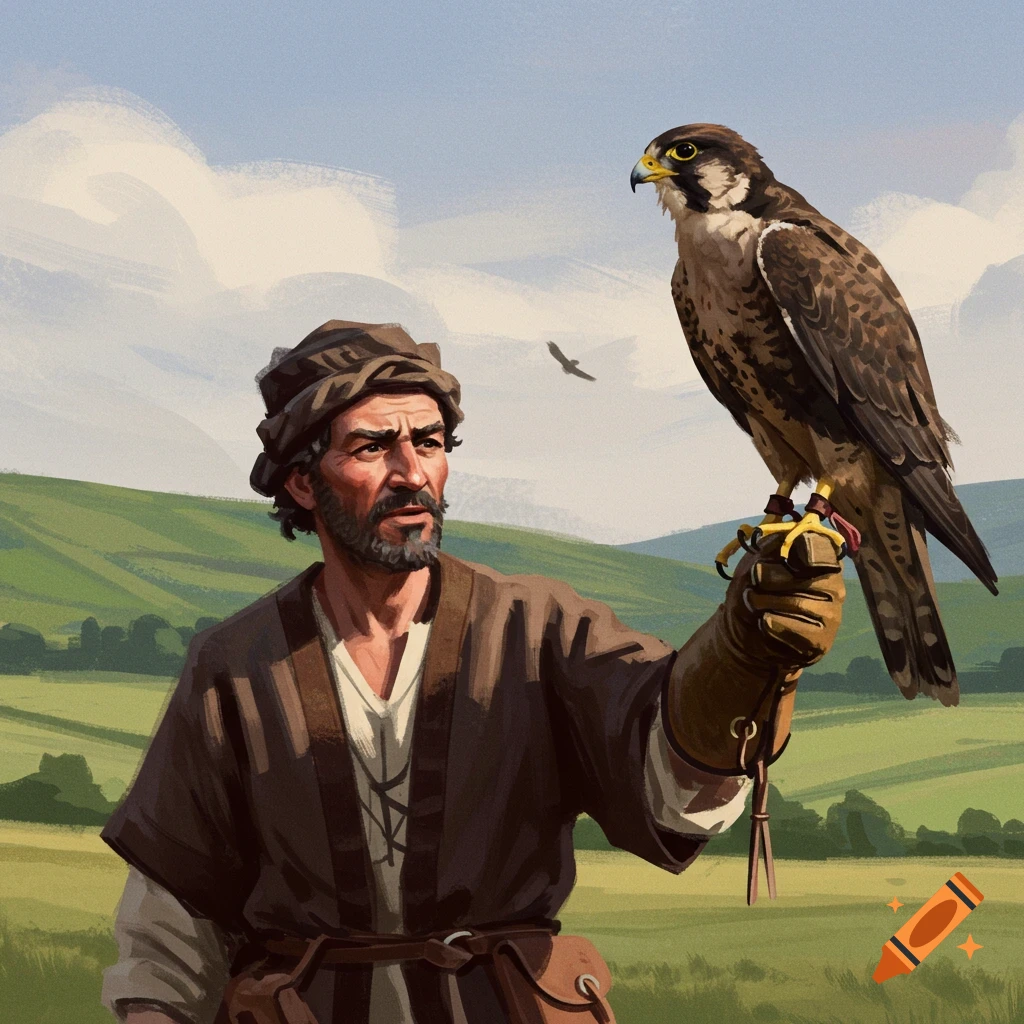 Man with a falcon looking somber in a northern setting on Craiyon