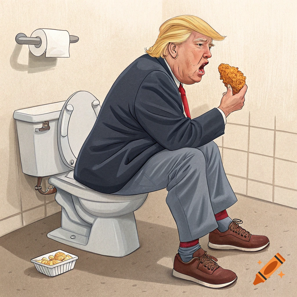 Trump sitting on toilet eating fried chicken on Craiyon