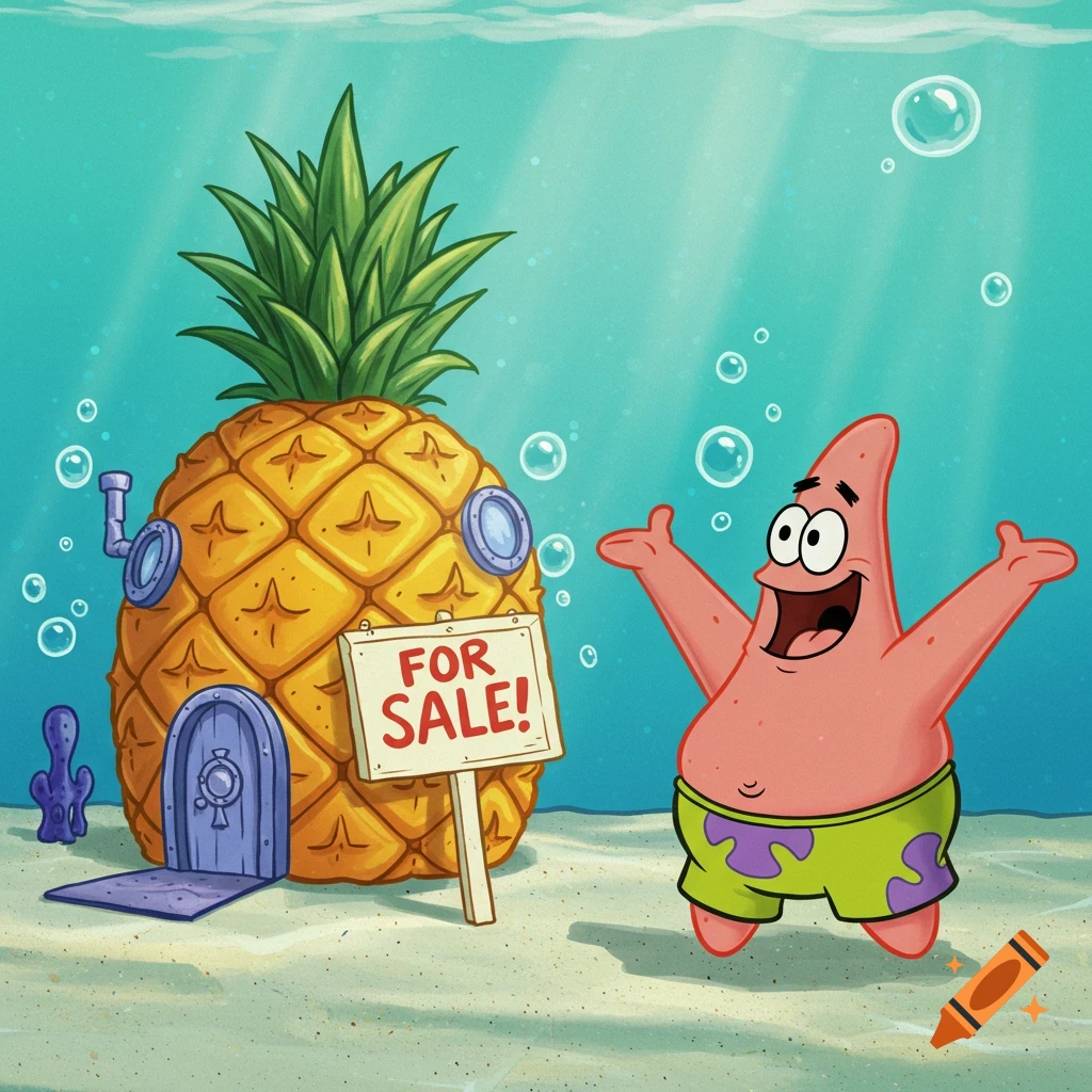 Patrick Star stands smiling next to SpongeBob's pineapple house with a 'FOR SALE!' sign ...