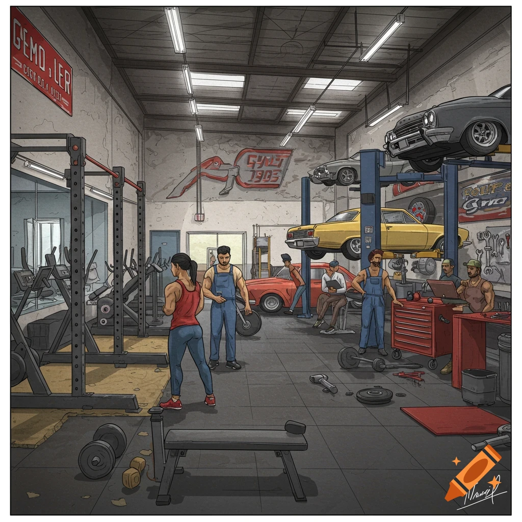A man works in a dimly lit mechanics garage with walls of tools and old ...