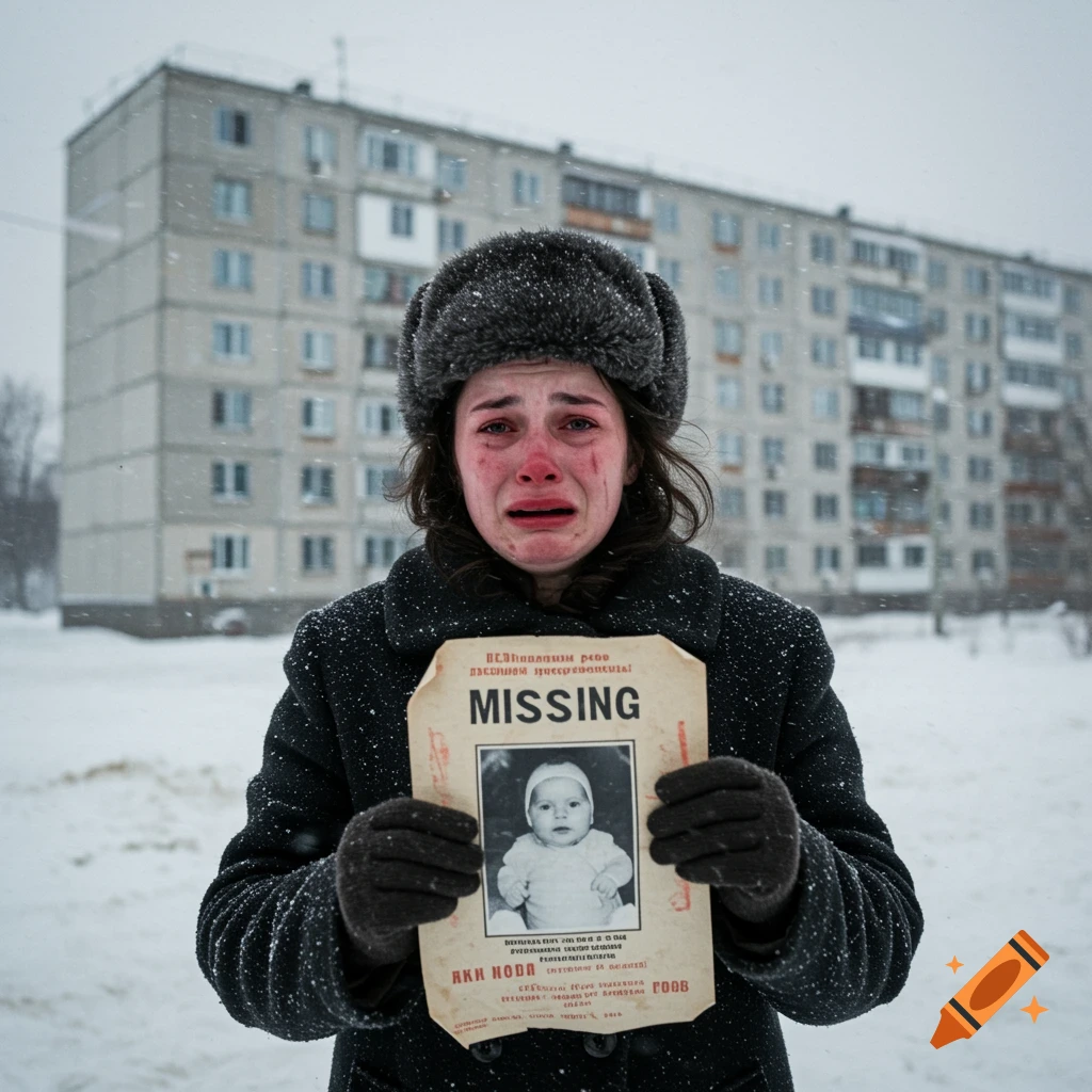 Russian woman and son in front of Soviet apartment buildings. on Craiyon