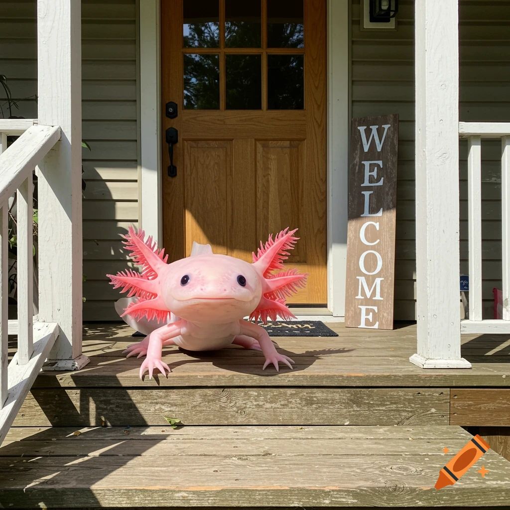 Pink axolotl by porch with welcome sign on Craiyon