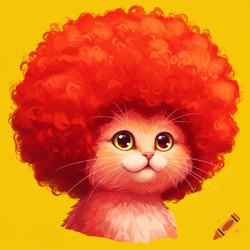 An illustration of a ginger cat wearing red dreadlocks against a blue ...
