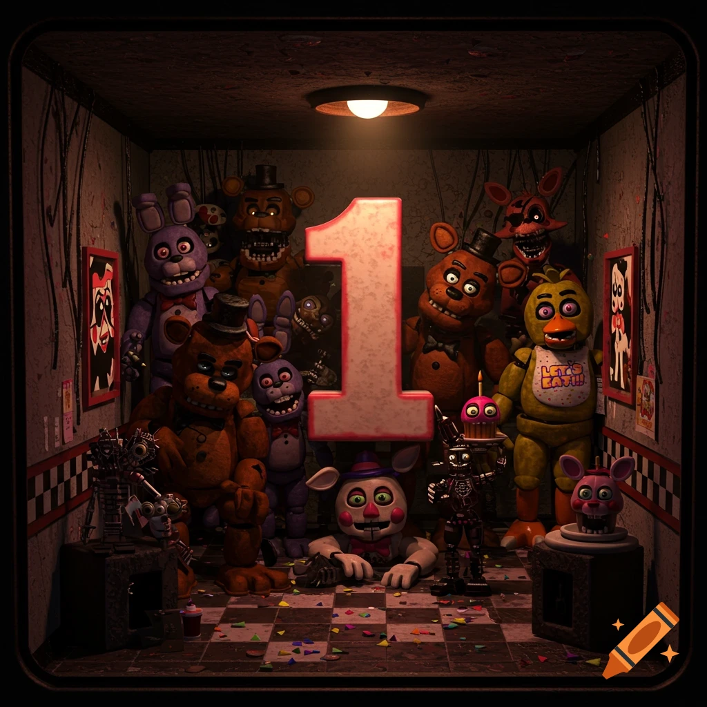 A large number 1 surrounded by Five Nights at Freddy's animatronic ...