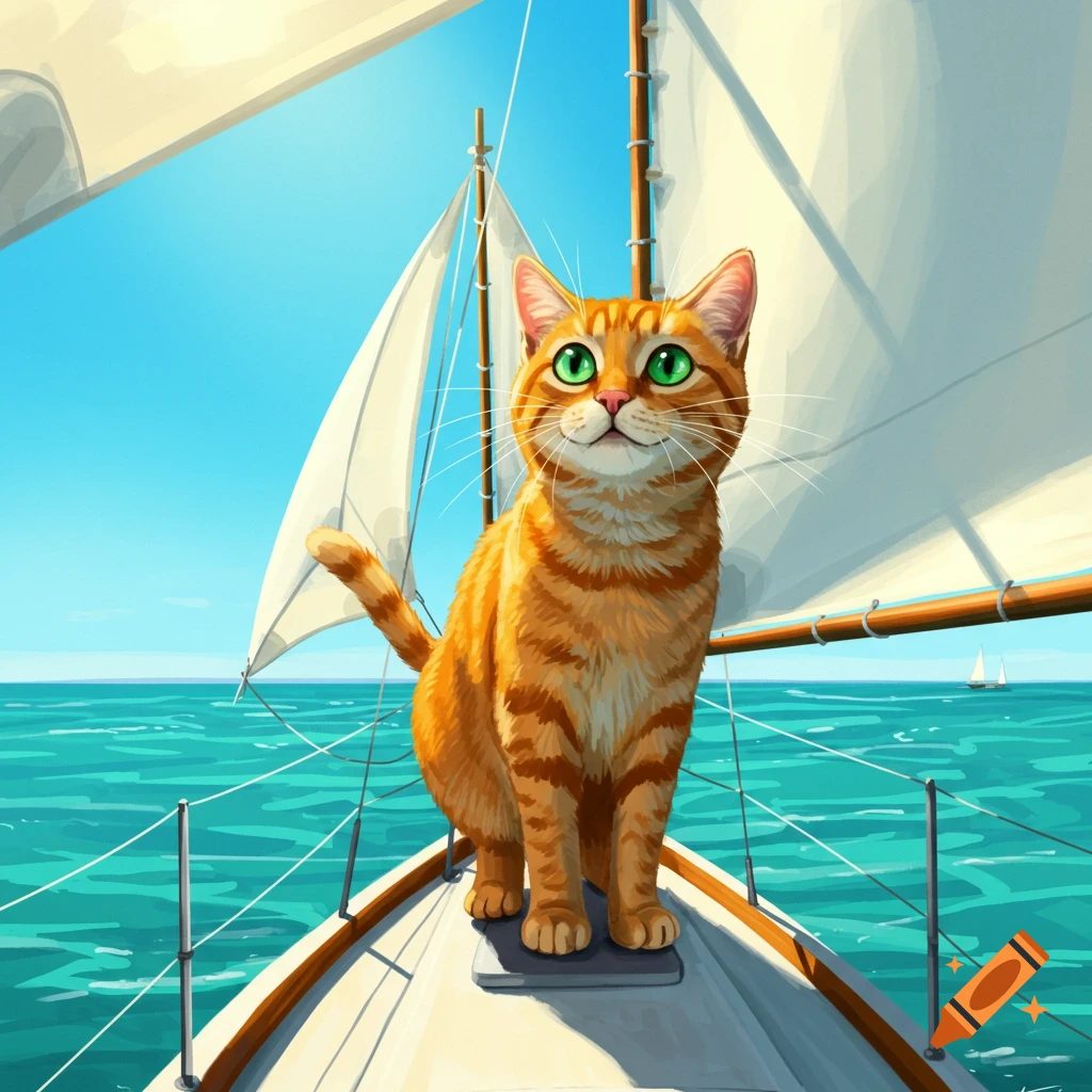 Cute orange cartoon cat flying over the Titanic ship on a stormy sea on ...