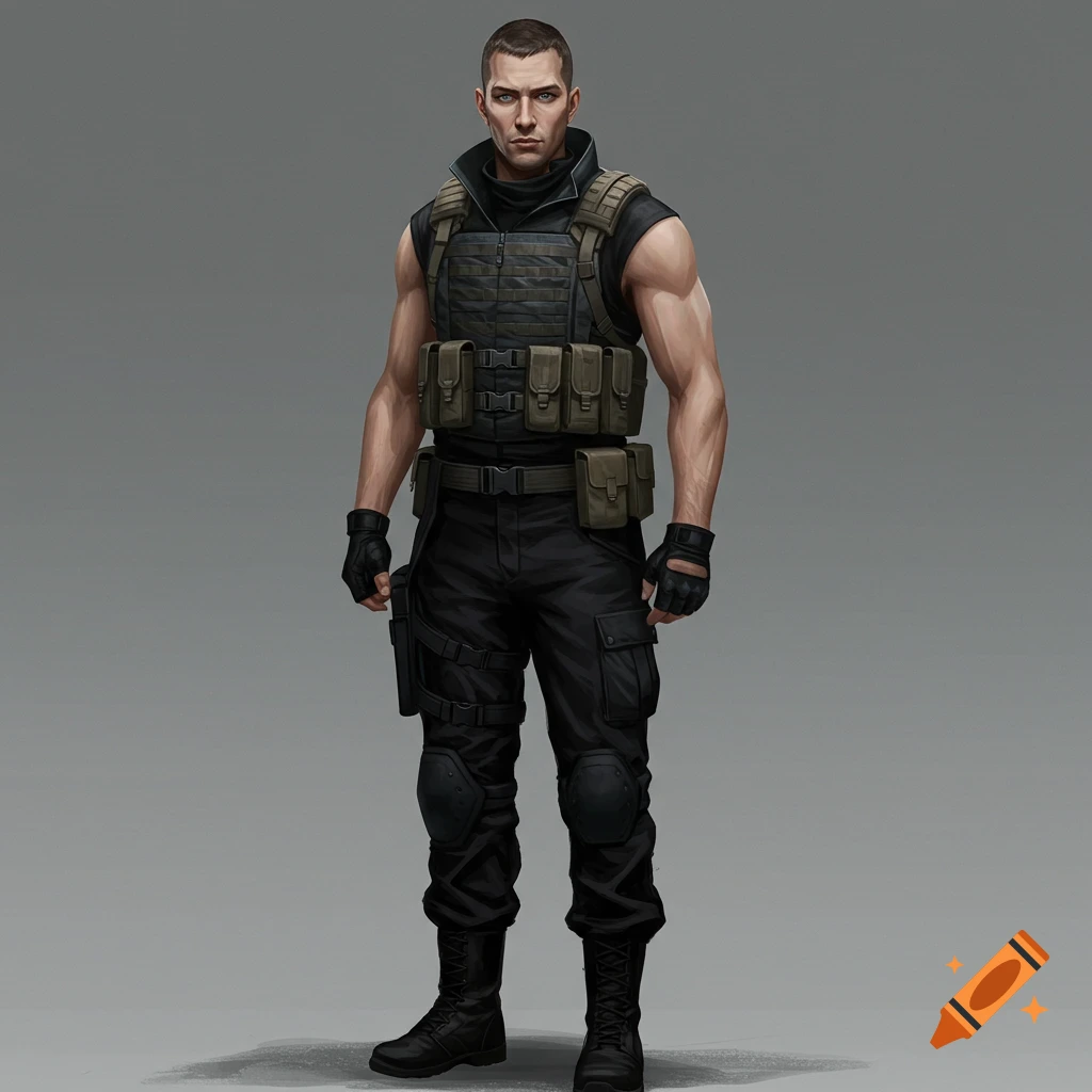 Aleksandr Volkov portrait, tall man with short dark hair and cold blue eyes, wearing black on ...