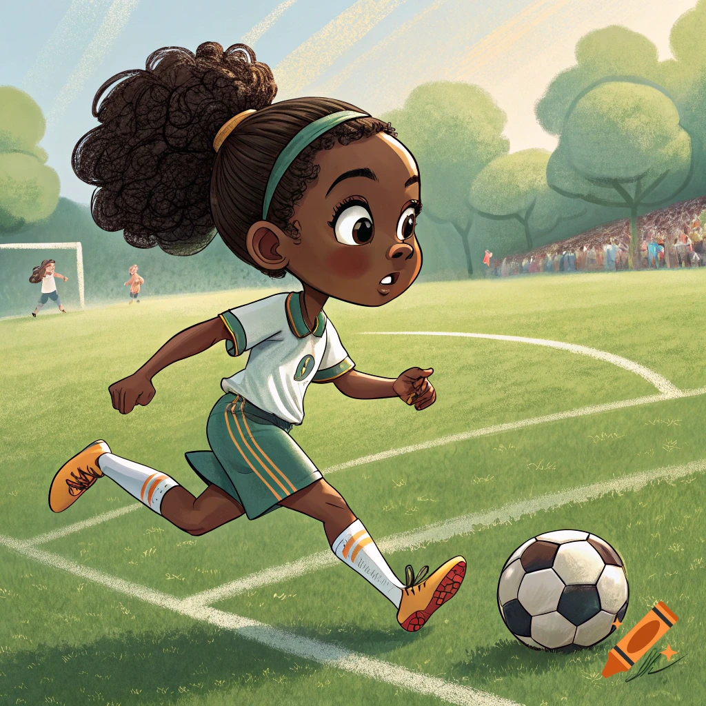Cartoon illustration of a young girls soccer team running on a field ...