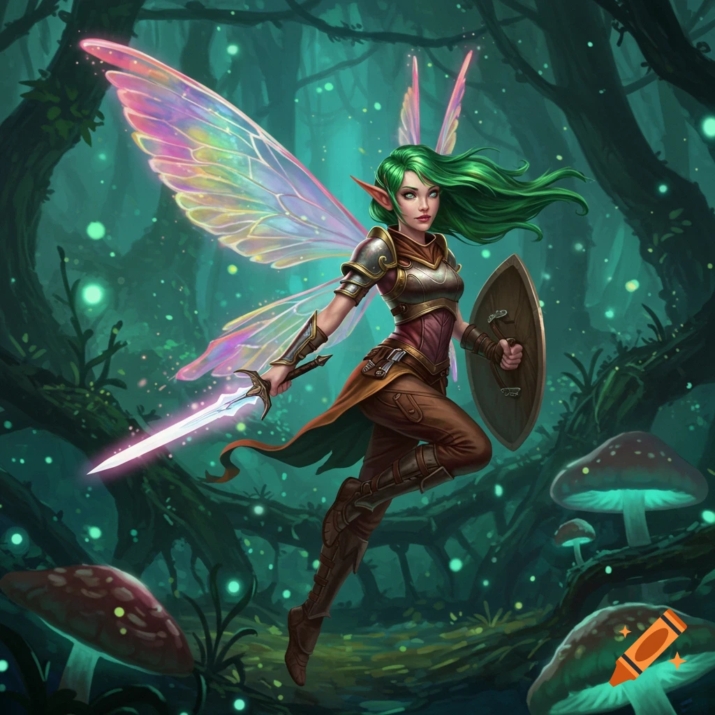 A female fairy with large green wings and red braided hair aims a bow ...