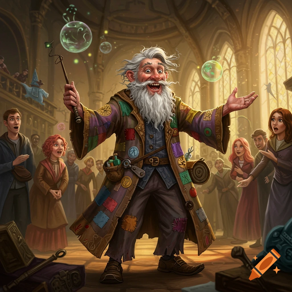 Accident prone wizard greeting guests on Craiyon