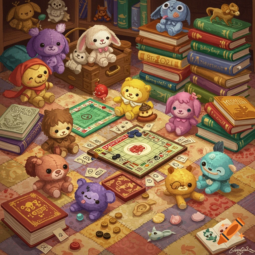 Cartoon image of cute stuffed animals playing Monopoly and other board ...