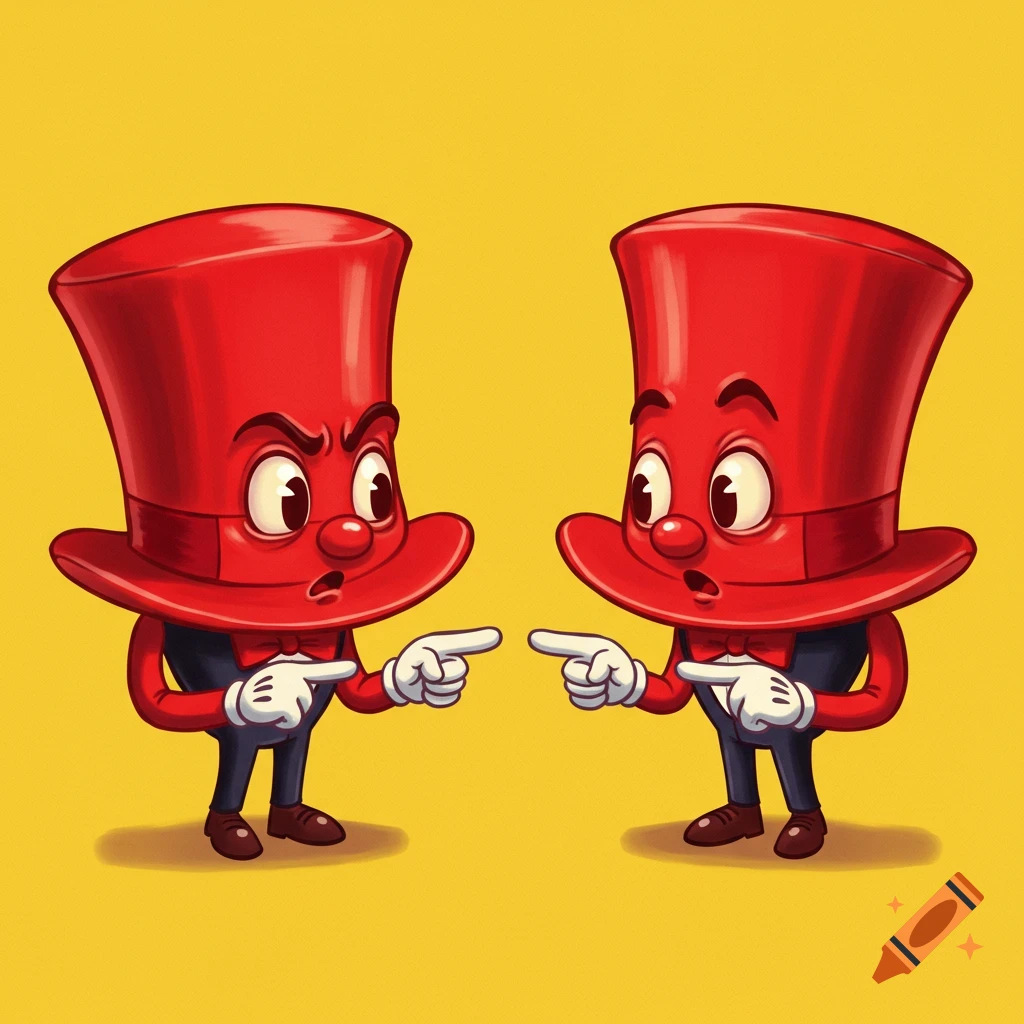 Two cartoon characters wearing red top hats point at each other, one looking angry, the other ...
