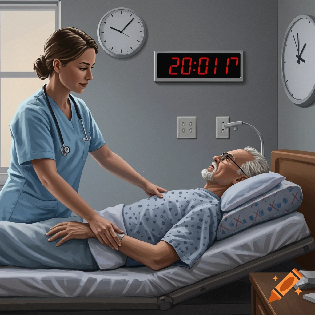 Nurse turning older patient onto right side with wedge pillow, clock ...