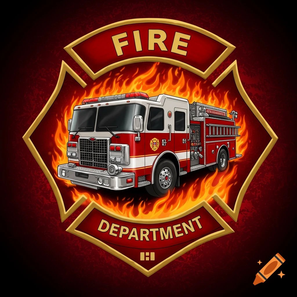 A red and white fire truck inside a gold fire badge with flames, text ...