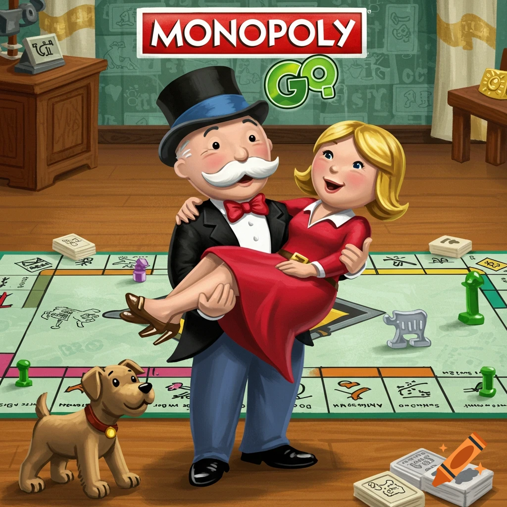 Mr. Monopoly carrying Ms. Monopoly with board game and dog in ...