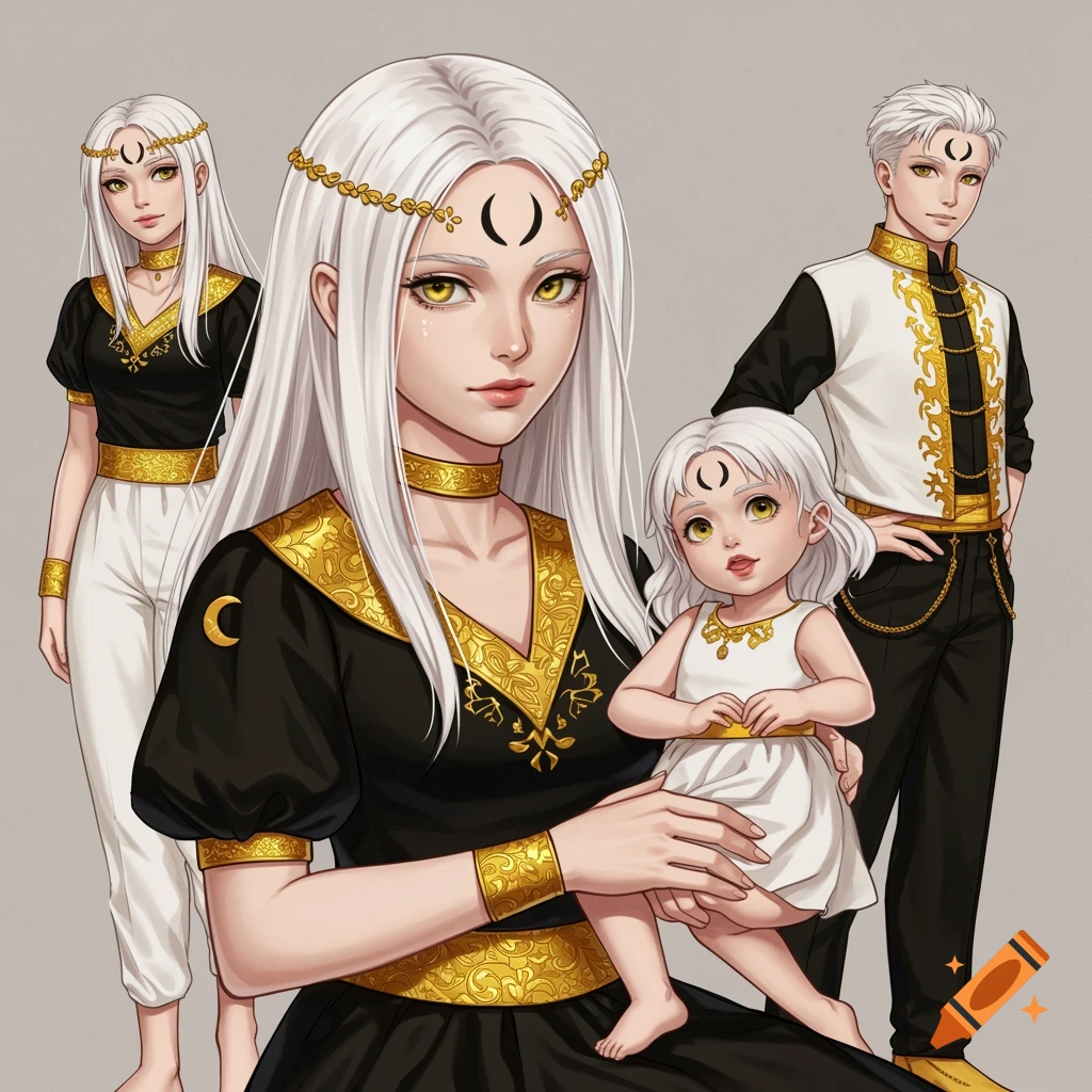 Family photo of platinum blonde anime characters in traditional gold ...