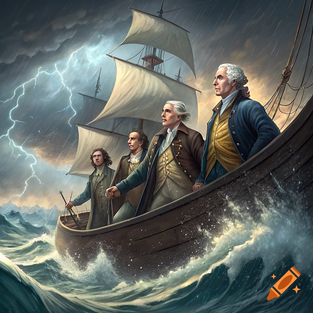 Bearded man in a turban and robe looks towards a boat on the water near ...