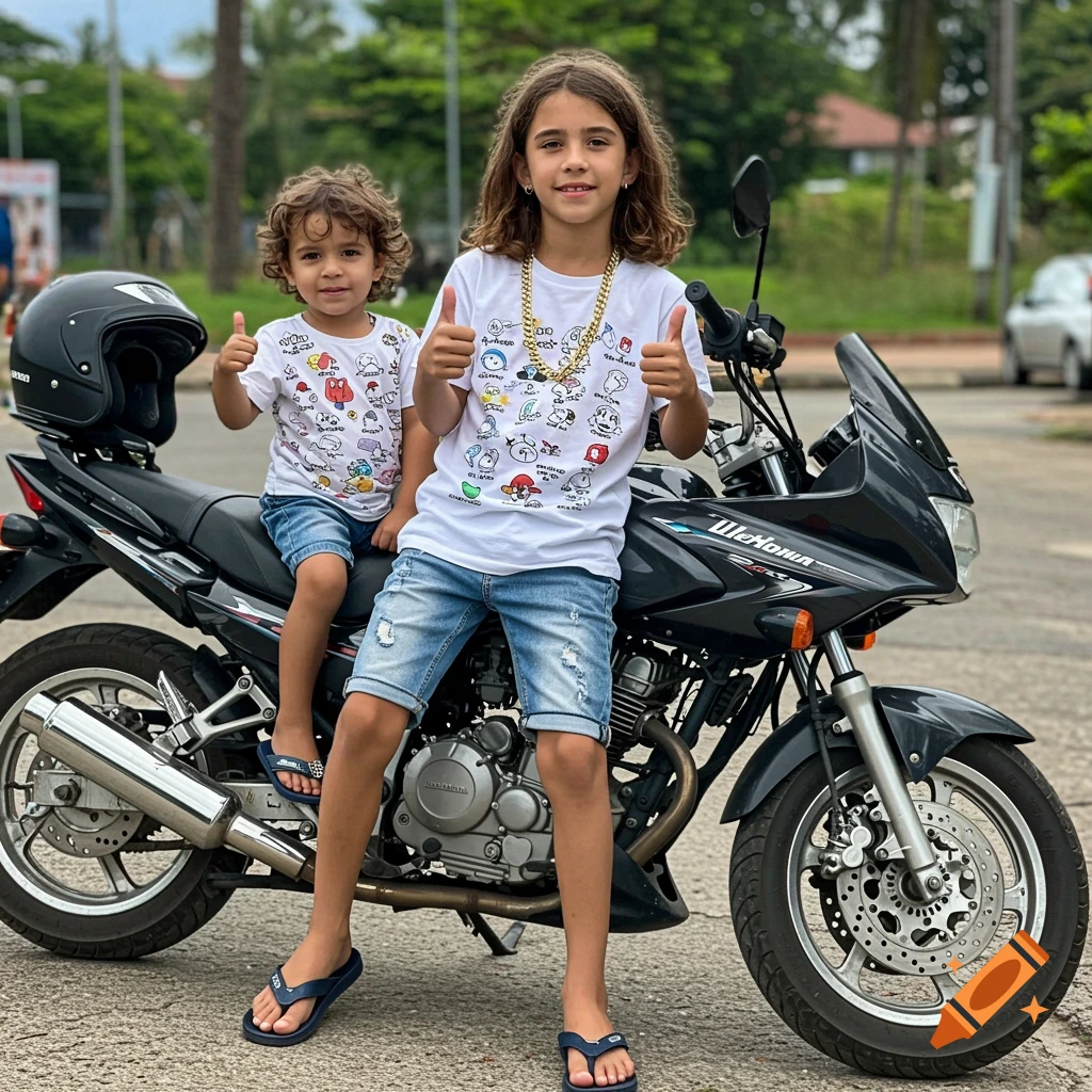 White Brazilian boy on motorcycle with brother, Instagram post on Craiyon