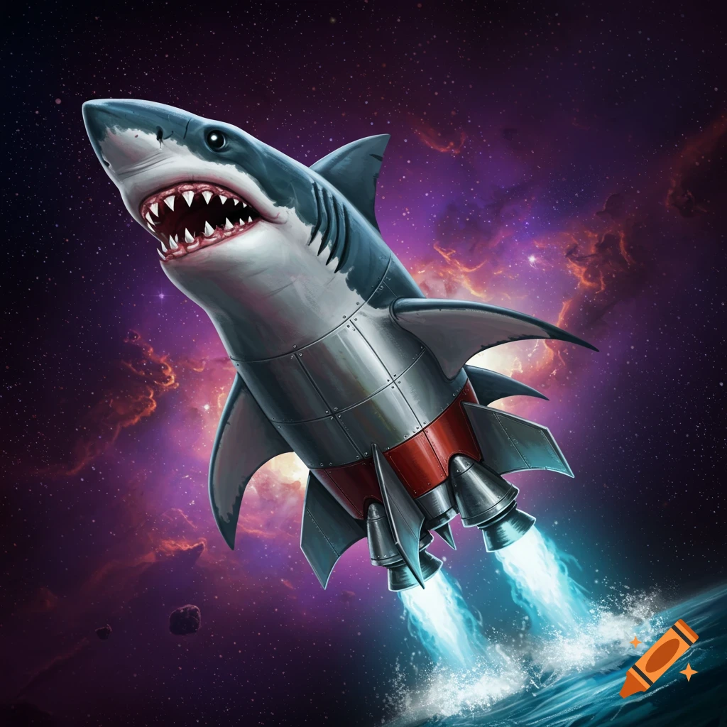 A shark attached to a rocket ship flying over water and into space. on Craiyon