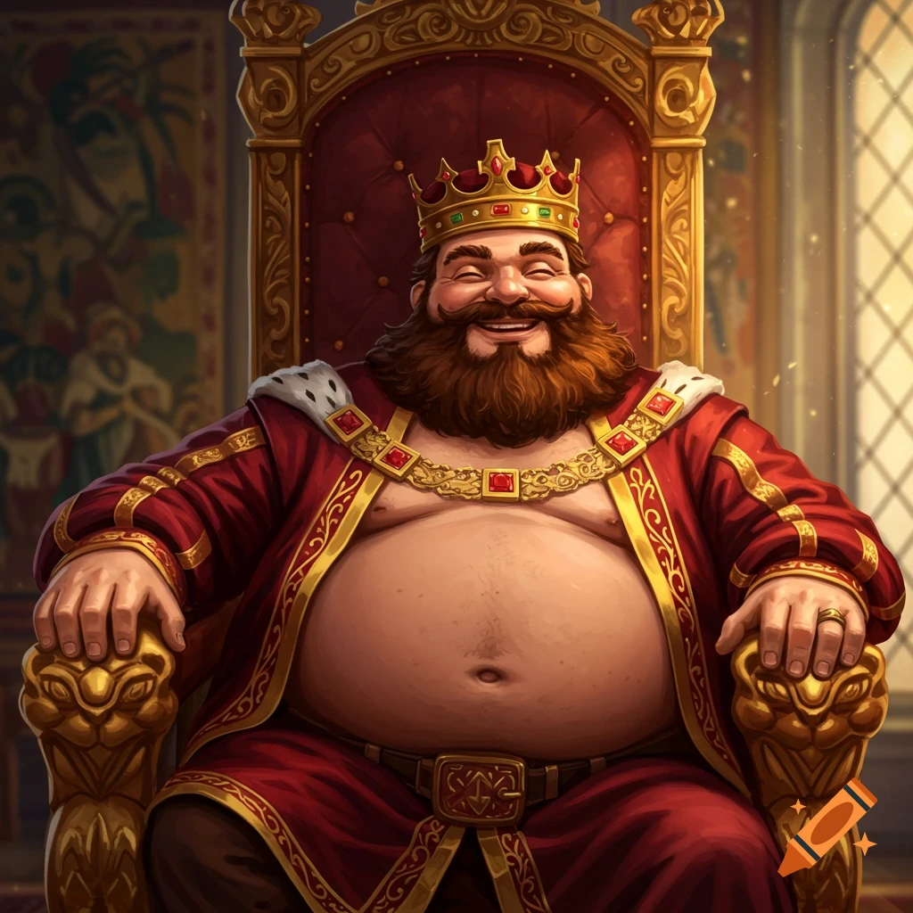A smiling king in a red robe sits on a golden throne, wearing a crown ...