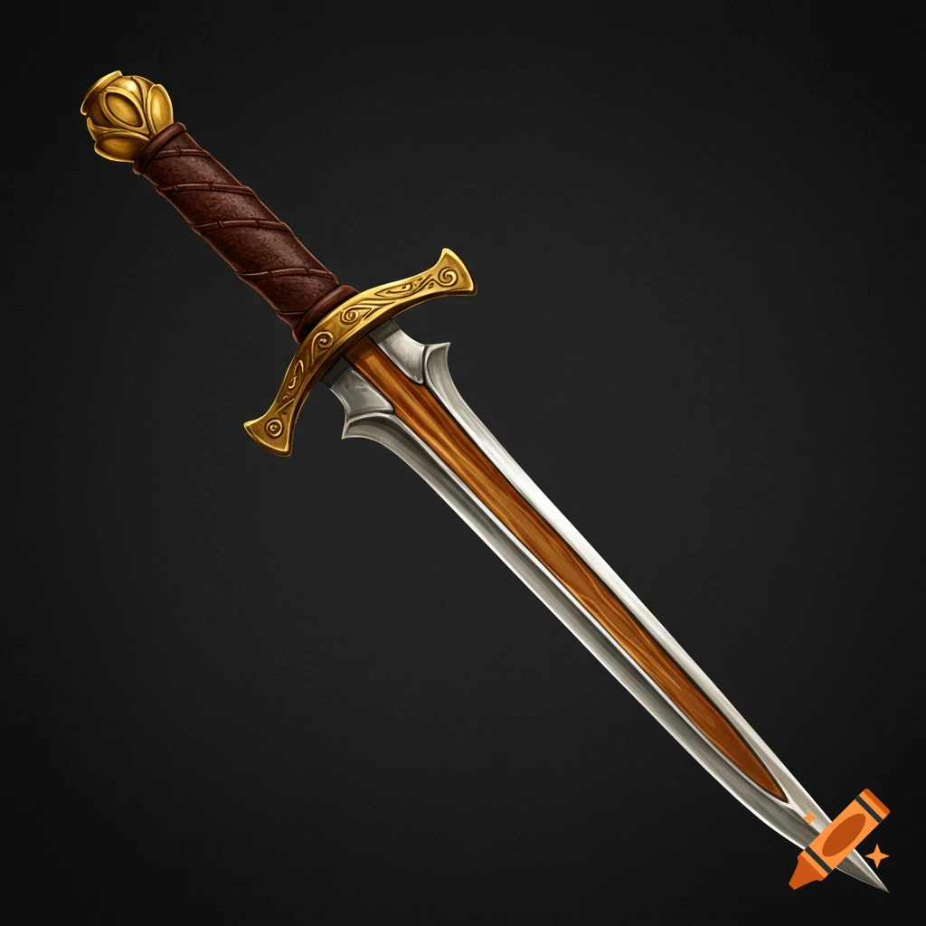 Sword with brown leather, gold pommel, and hickory and apple cider ...