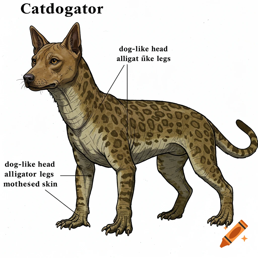 Dog, cat, and alligator hybrid animal illustration on Craiyon