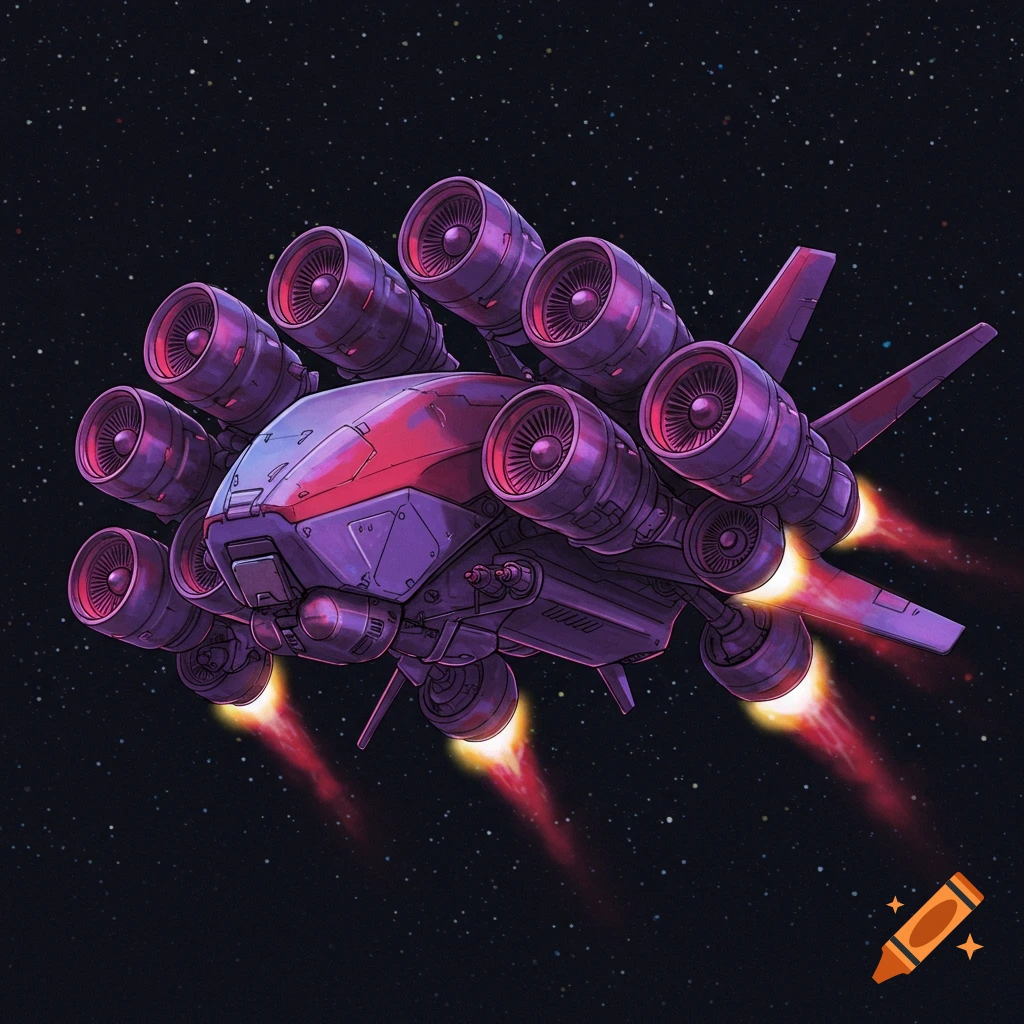 Spaceship with multiple engines flying through starry space. on Craiyon