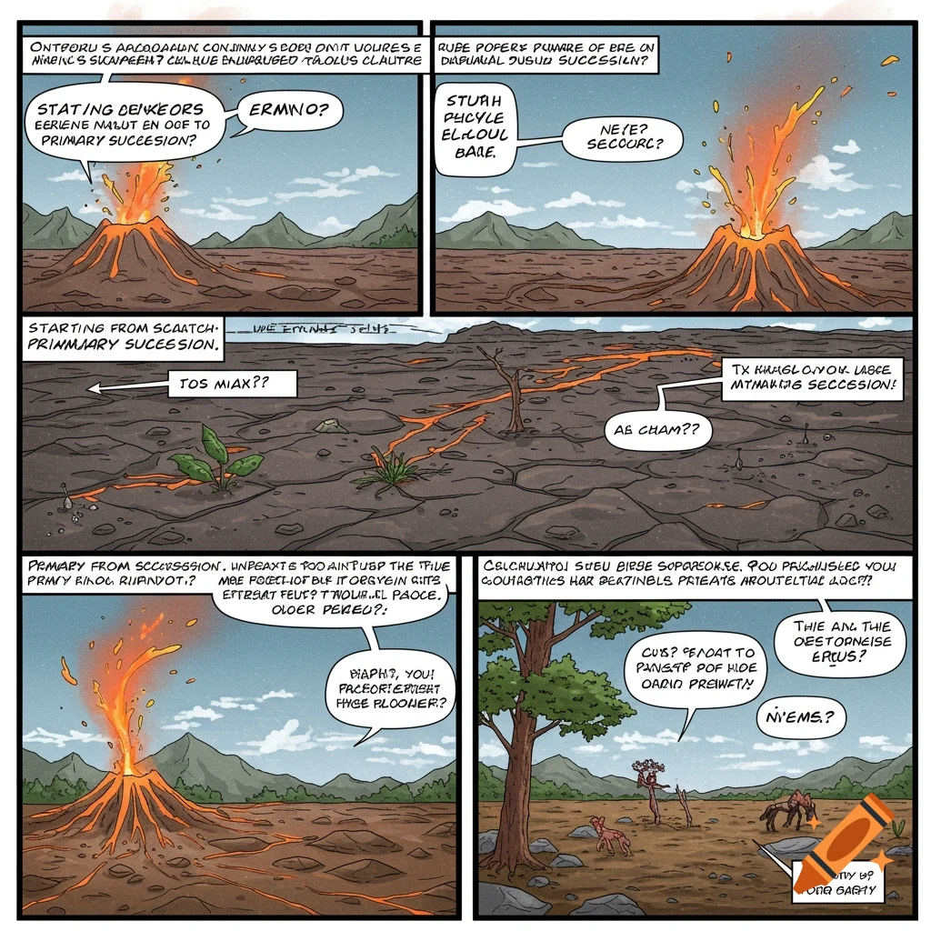 Comic strip about primary and secondary succession on Craiyon