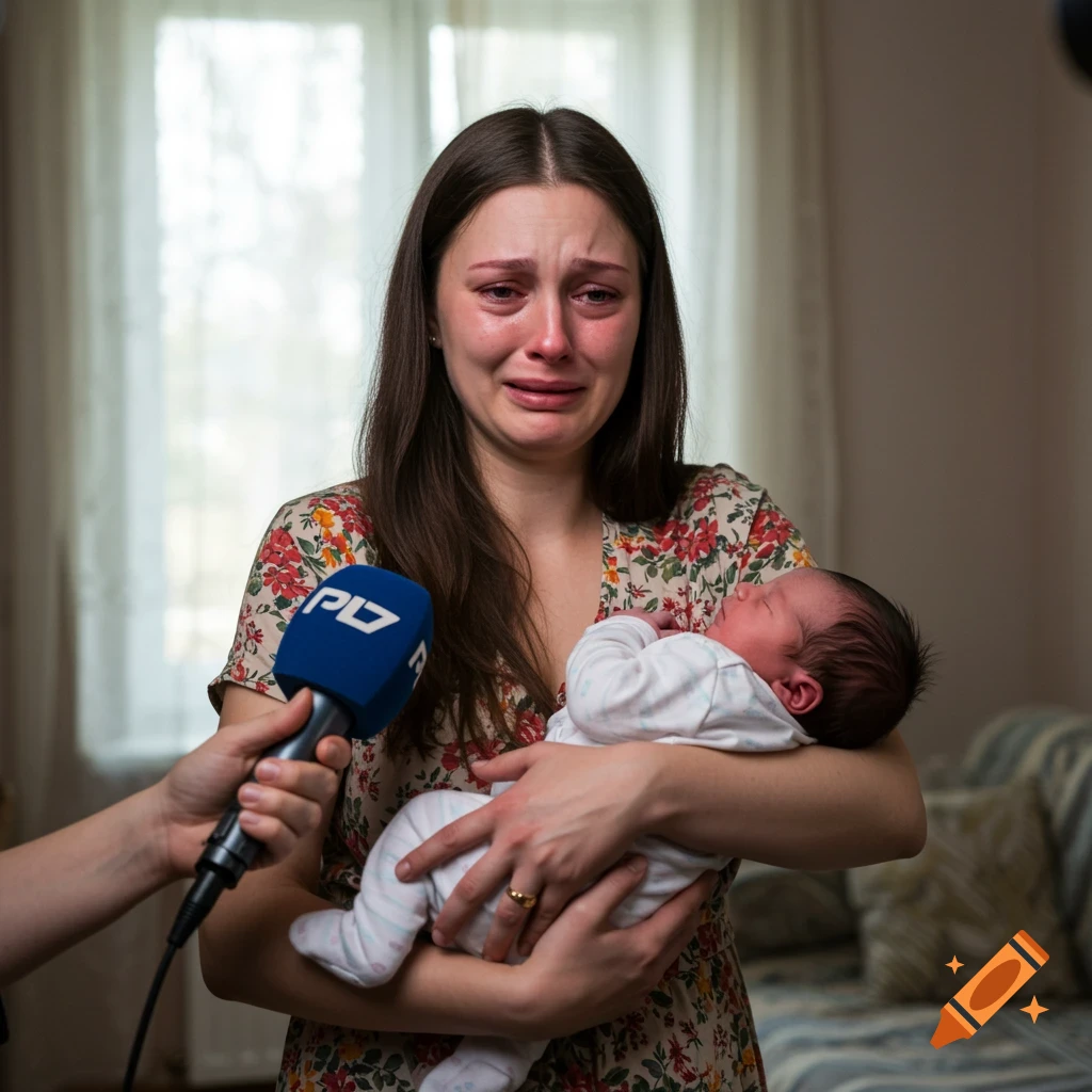 Russian woman holding newborn baby during interview on Craiyon