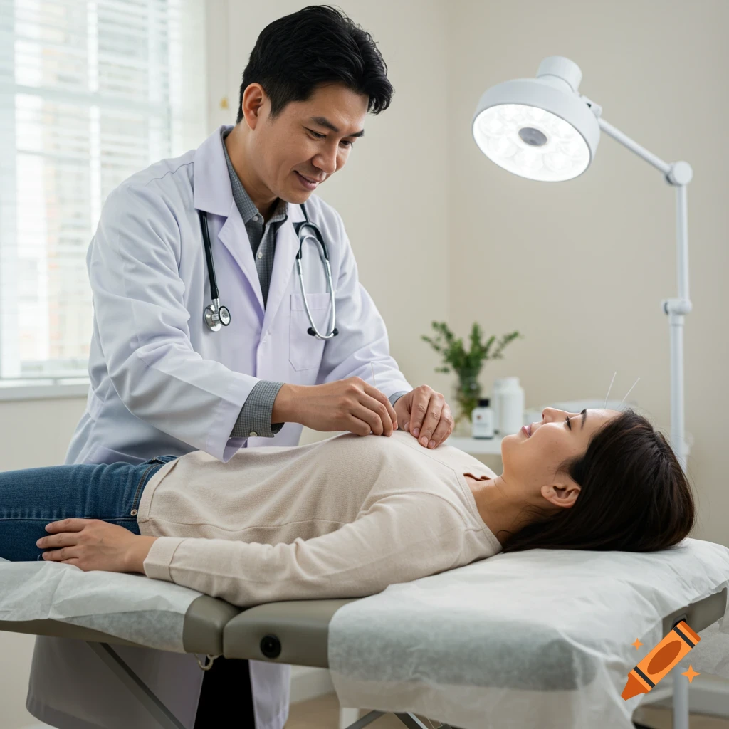 Doctor performing acupuncture therapy on patient on Craiyon