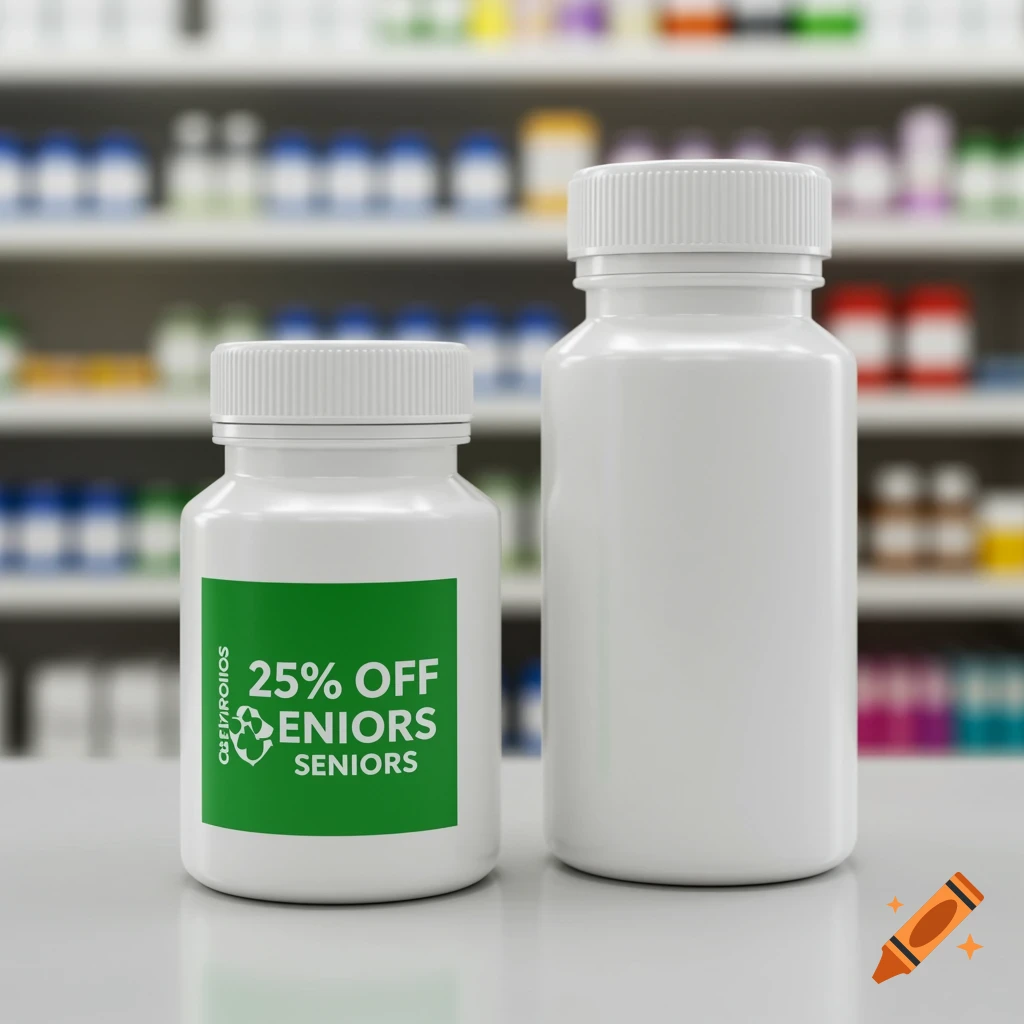 White HDPE medicine container with recycling symbol and senior discount ...